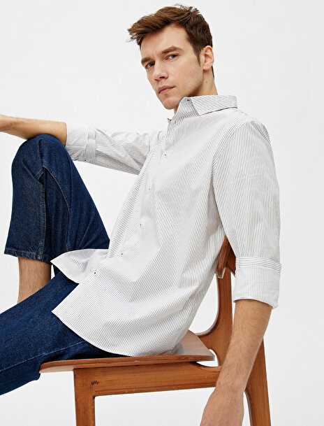 Koton Erkek Çizgili Klasik Yaka Uzun Kollu Pamuklu Gömlek
