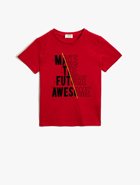 Koton Erkek Çocuk Yazılı Tişört Bisiklet Yaka Kısa Kollu Pamuklu