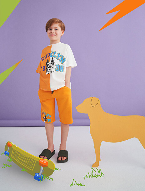 Koton Erkek Çocuk Baskılı Tişört Renk Bloklu Bisiklet Yaka Pamuklu