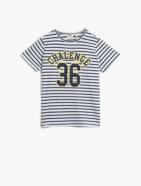 Koton Erkek Çocuk Sloganlı Tişört Çizgili Koton Erkek Çocuk Sloganlı Tişört Çizgili