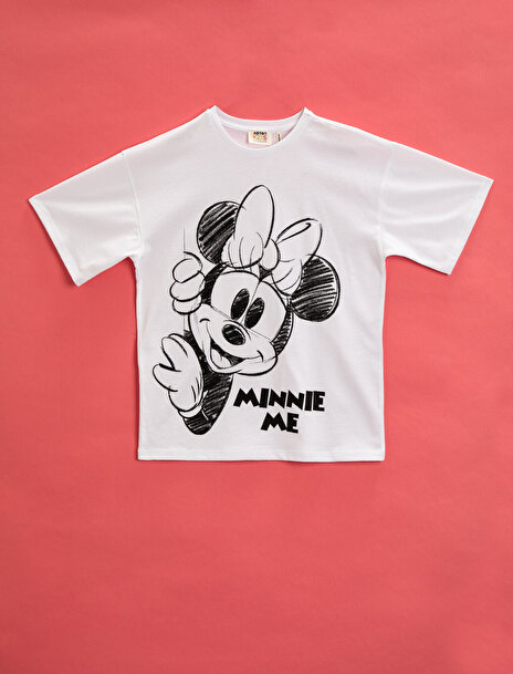 Koton Kız Çocuk Minnie Mouse Tişört Lisanslı Baskılı Bisiklet Yaka Pamuklu