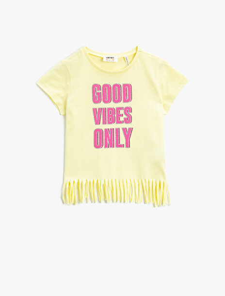 Koton Kız Çocuk Püsküllü Tişört Kısa Kollu Pamuklu Slogan Baskılı
