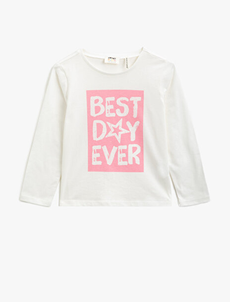 Koton Kız Çocuk Pamuklu Yazılı Baskılı Bisiklet Yaka Uzun Kollu Tişört