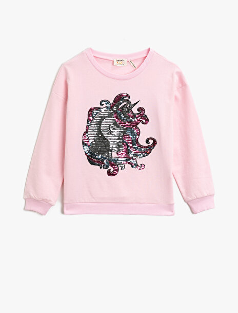 Koton Kız Çocuk Unicorn Pamuklu Pullu Bisiklet Yaka Uzun Kollu Sweatshirt