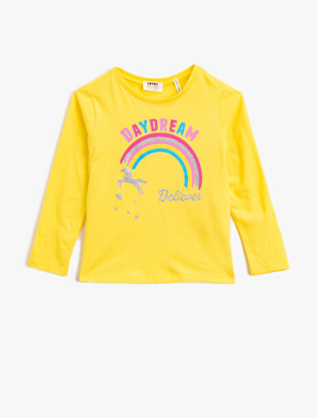 Koton Kız Çocuk Pamuklu Simli Baskılı Bisiklet Yaka Tişört