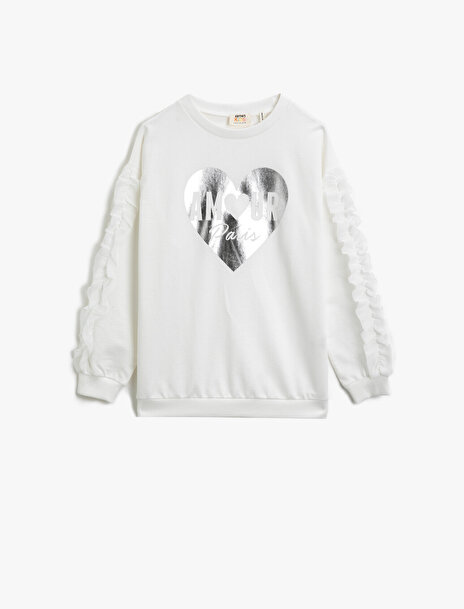 Koton Kız Çocuk Baskılı Pamuklu Bisiklet Yaka Uzun Kollu Fırfırlı Sweatshirt