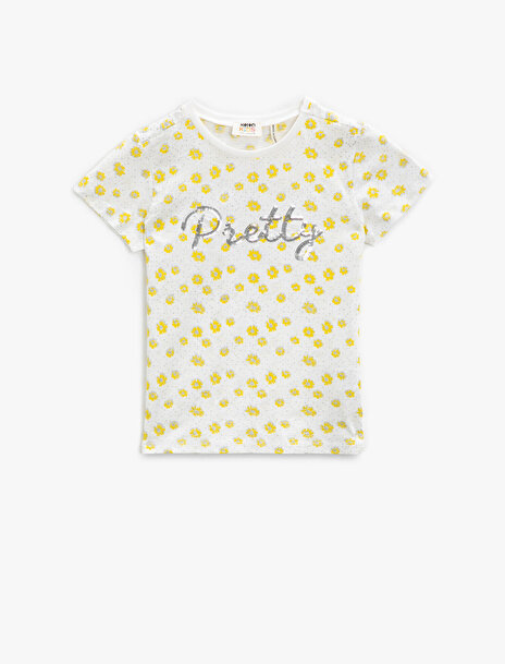 Koton Kız Çocuk Çiçekli Tişört Pamuklu Kısa Kollu Bisiklet Yaka Pullu
