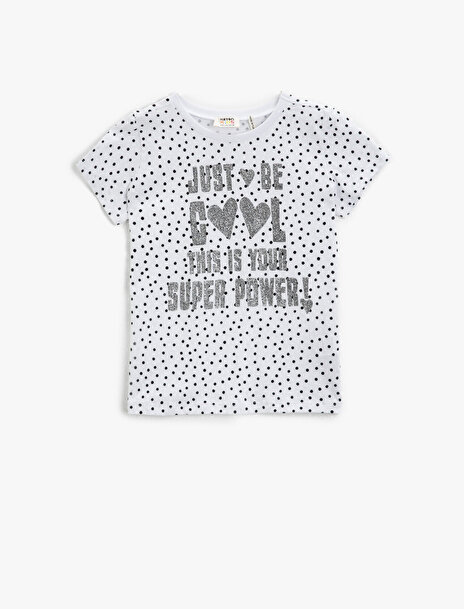 Koton Kız Çocuk Sloganlı Tişört Simli Puantiyeli Bisiklet Yaka