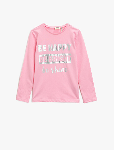 Koton Kız Çocuk Pamuklu Yazılı Baskılı Bisiklet Yaka Uzun Kollu Tişört