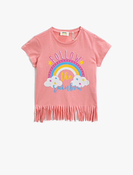 Koton Kız Çocuk Püsküllü Tişört Kısa Kollu Pamuklu Baskılı