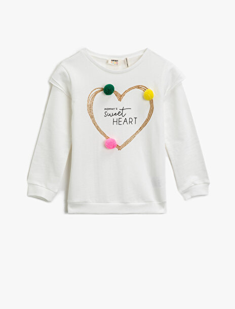 Koton Kız Çocuk Yazılı Baskılı Pamuklu Ponponlu Bisiklet Yaka Uzun Kollu Sweatshirt