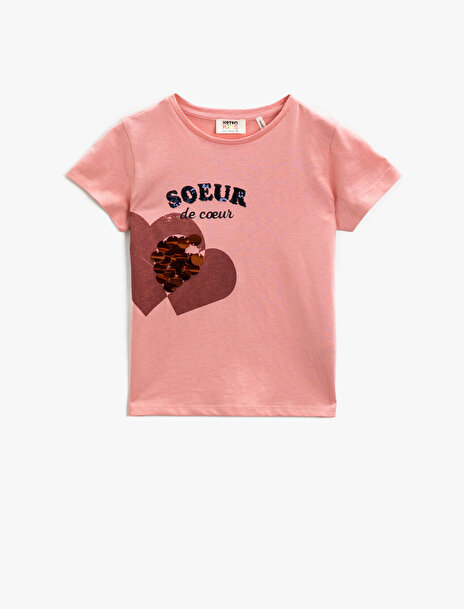 Koton Kız Çocuk Baskılı Tişört Pamuklu Kısa Kollu Pullu