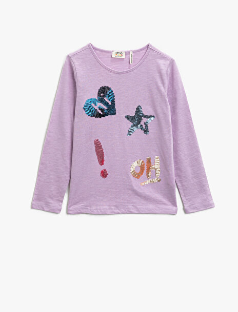 Koton Kız Çocuk Pullu Pamuklu Bisiklet Yaka Uzun Kollu Tişört