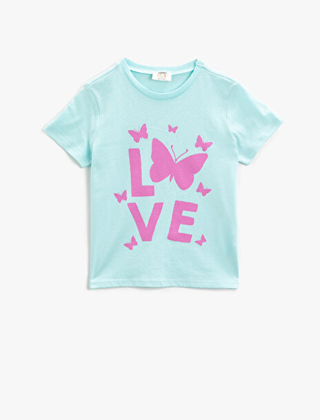 Koton Kız Çocuk Yazılı Tişört Pamuklu Kısa Kollu Bisiklet Yaka