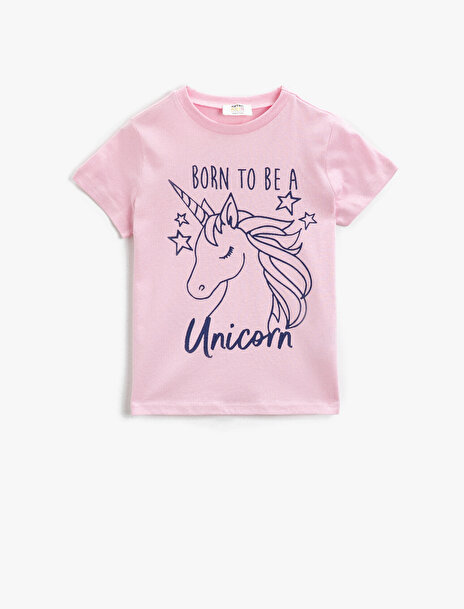 Koton Kız Çocuk Unicorn Tişört Baskılı Kısa Kollu Bisiklet Yaka Pamuklu