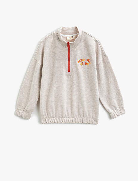 Koton Kız Çocuk Dik Yaka Sweatshirt Fermuarlı Uzun Kollu İşlemeli