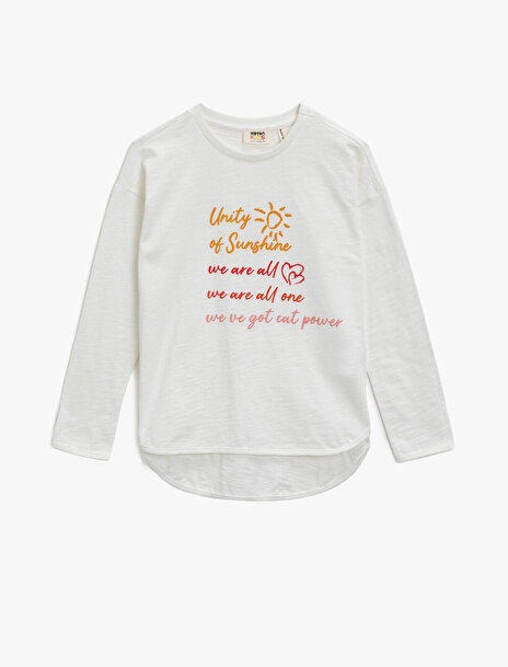 Koton Kız Çocuk Pamuklu Yazılı Baskılı Bisiklet Yaka Uzun Kollu Tişört