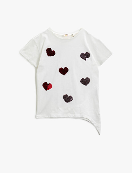 Koton Kız Çocuk Pullu Tişört Pamuklu Kısa Kollu Bisiklet Yaka