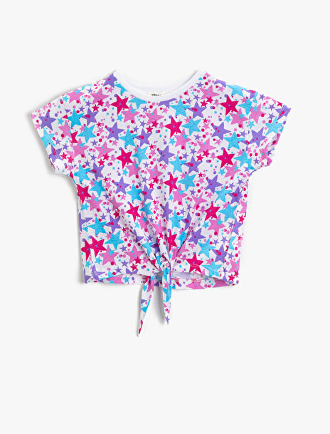 Koton Kız Çocuk Baskılı Tişört Önden Bağlamalı Pamuklu