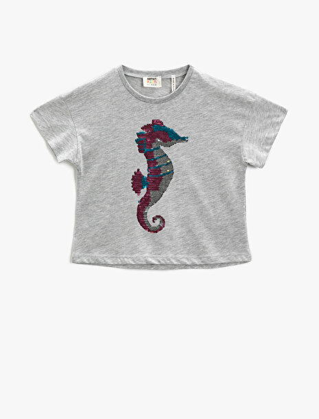 Koton Kız Çocuk Pullu Tişört Bisiklet Yaka Pamuklu