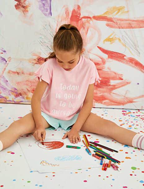 Koton Kız Çocuk Işıkta Değişen Tişört Bisiklet Yaka Pamuklu Fiyonklu