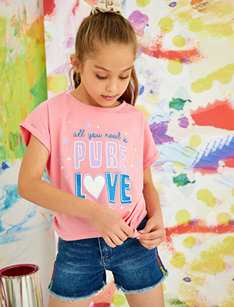 Koton Kız Çocuk Karanlıkta Parlayan Tişört Bisiklet Yaka Kısa Kollu Pamuklu