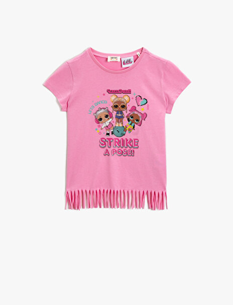 Koton Kız Çocuk Püsküllü Tişört Kısa Kollu Bisiklet Yaka Pamuklu Baskılı