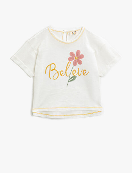 Koton Kız Çocuk İşlemeli Tişört Çiçekli Pamuklu Kısa Kollu