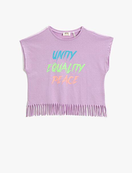 Koton Kız Çocuk Yazılı Baskılı Tişört Püsküllü Bisiklet Yaka Pamuklu