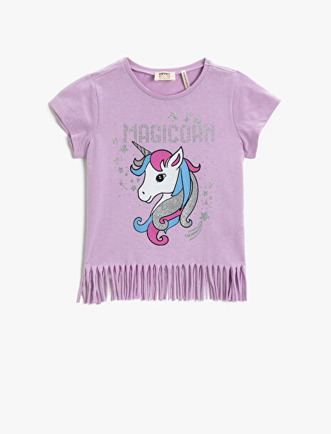 Koton Kız Çocuk Unicorn Baskılı Tişört Pamuklu Kısa Kollu Bisiklet Yaka