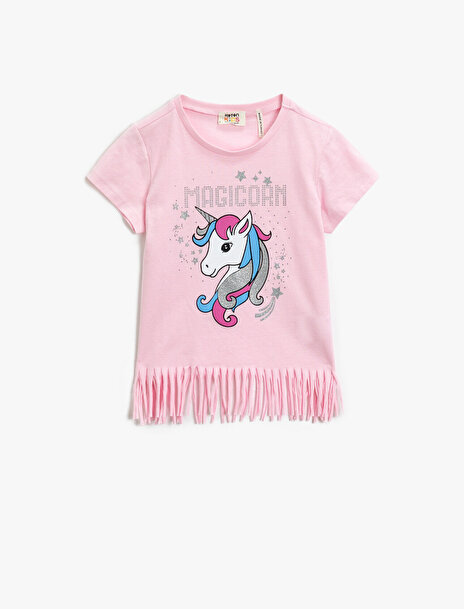 Koton Kız Çocuk Unicorn Baskılı Tişört Pamuklu Kısa Kollu Bisiklet Yaka