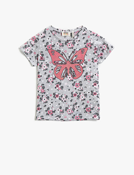 Koton Kız Çocuk Kelebek Baskılı Tişört Çiçekli