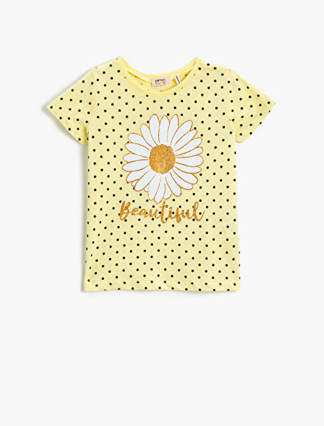 Koton Kız Çocuk Puantiyeli Tişört Simli Baskılı Pamuklu