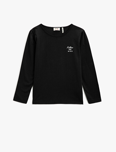 Koton Kız Çocuk Pamuklu Yazılı Baskılı Uzun Kollu Bisiklet Yaka Tişört