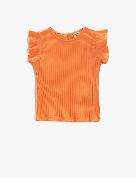 Koton Kız Çocuk Kolları Fırfırlı Bisiklet Yaka Pamuklu Kısa Kollu Tişört