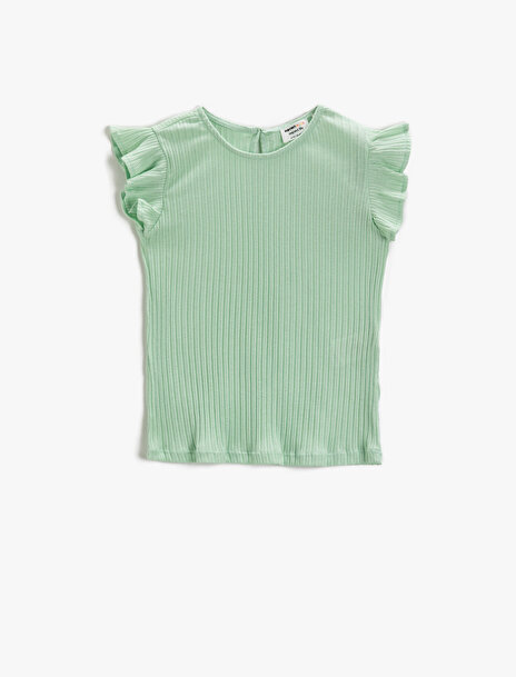 Koton Kız Çocuk Kolları Fırfırlı Bisiklet Yaka Pamuklu Kısa Kollu Tişört