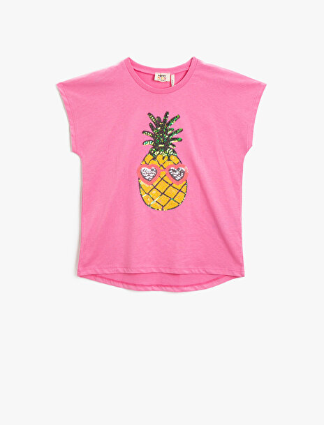 Koton Kız Çocuk Pullu Tişört Bisiklet Yaka Pamuklu