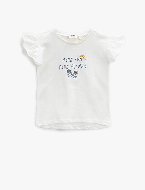 Koton Kız Çocuk Yazı İşlemeli Tişört Fırfırlı Pamuklu