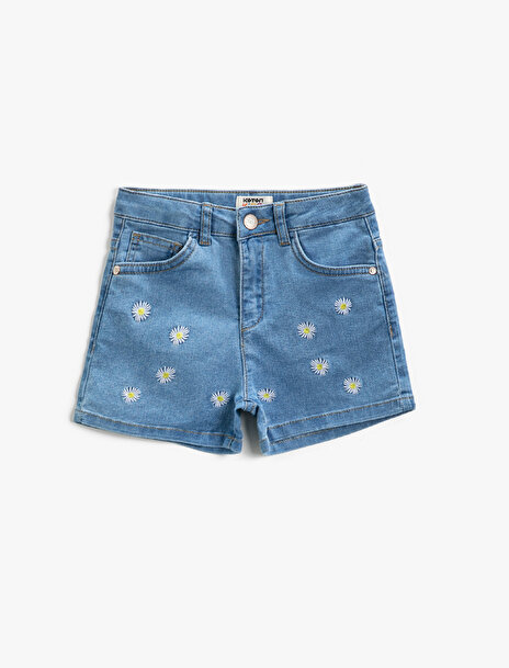 Koton Kız Çocuk Çiçekli Jean Şort İşlemeli Pamuklu