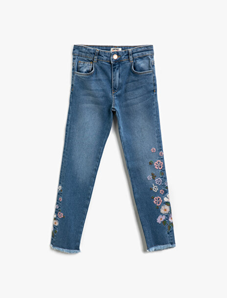 Koton Kız Çocuk Çiçekli İşlemeli Pamuklu Jean Pantolon