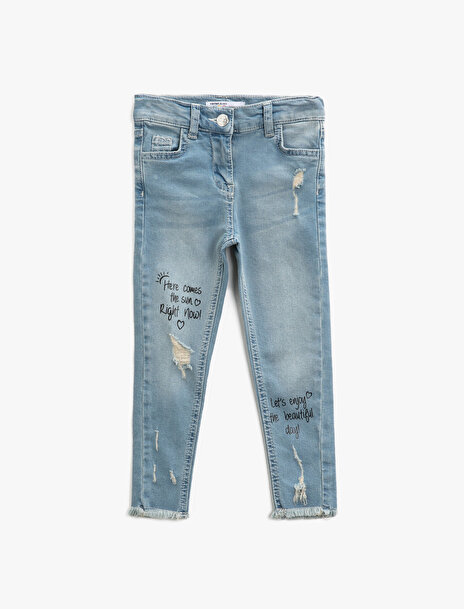 Koton Kız Çocuk Yazılı Baskılı Pamuklu Yırtık Jean Pantolon