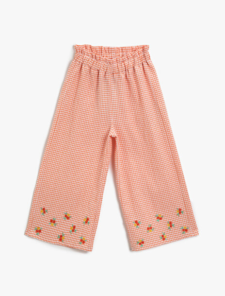 Koton Kız Çocuk Kareli Pantolon Pamuklu Çiçek Detaylı