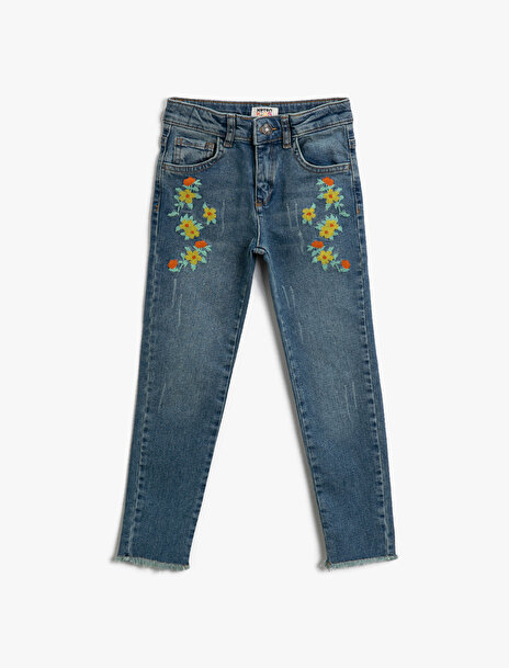 Koton Kız Çocuk Çiçekli İşlemeli Pamuklu Jean Pantolon