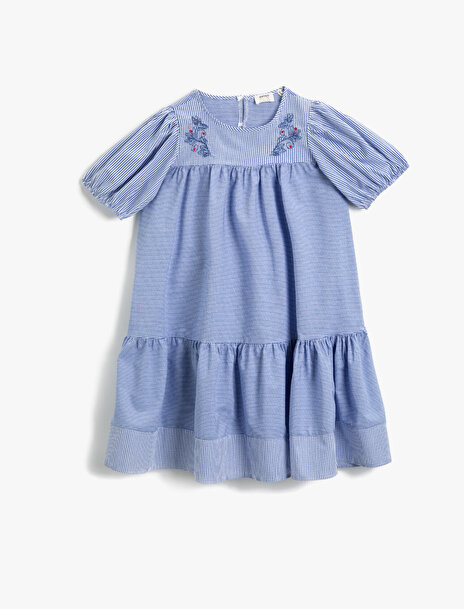 Koton Kız Çocuk Çizgili Elbise Nakışlı Kısa Kollu Pamuklu