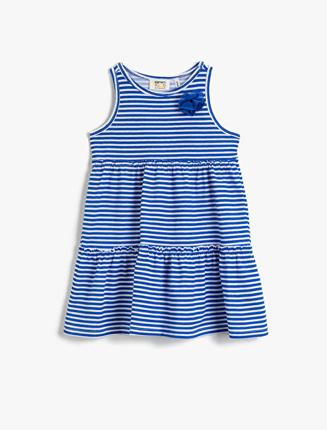 Koton Kız Çocuk Çizgili Elbise Bisiklet Yaka Pamuklu Çiçek Detaylı