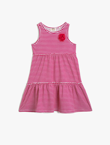 Koton Kız Çocuk Çizgili Elbise Bisiklet Yaka Pamuklu Çiçek Detaylı