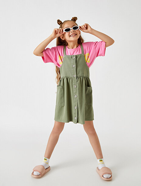 Koton Kız Çocuk Düğmeli Elbise Pamuklu Askılı Cepli