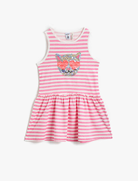 Koton Kız Çocuk Pullu Elbise Çizgili Pamuklu