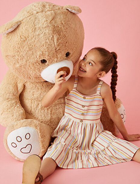 Koton Kız Çocuk Çizgili Elbise Düğme Detaylı Fırfırlı