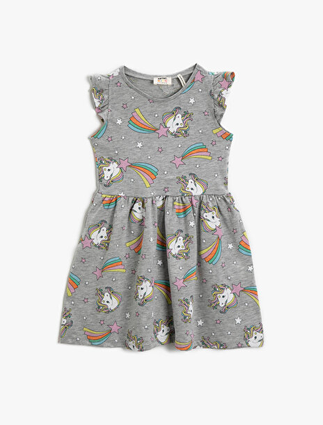 Koton Kız Çocuk Unicorn Elbise Baskılı Fırfırlı Pamuklu